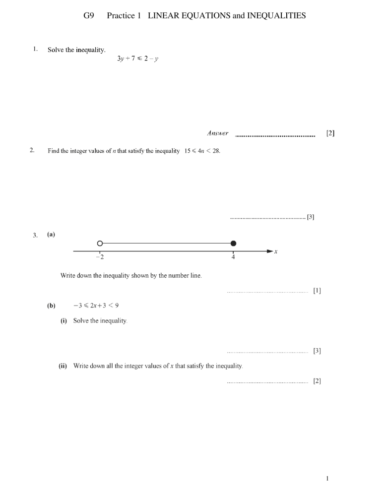 G9 Linear Equations & Inequalities Practice Sheet - Math Exercises