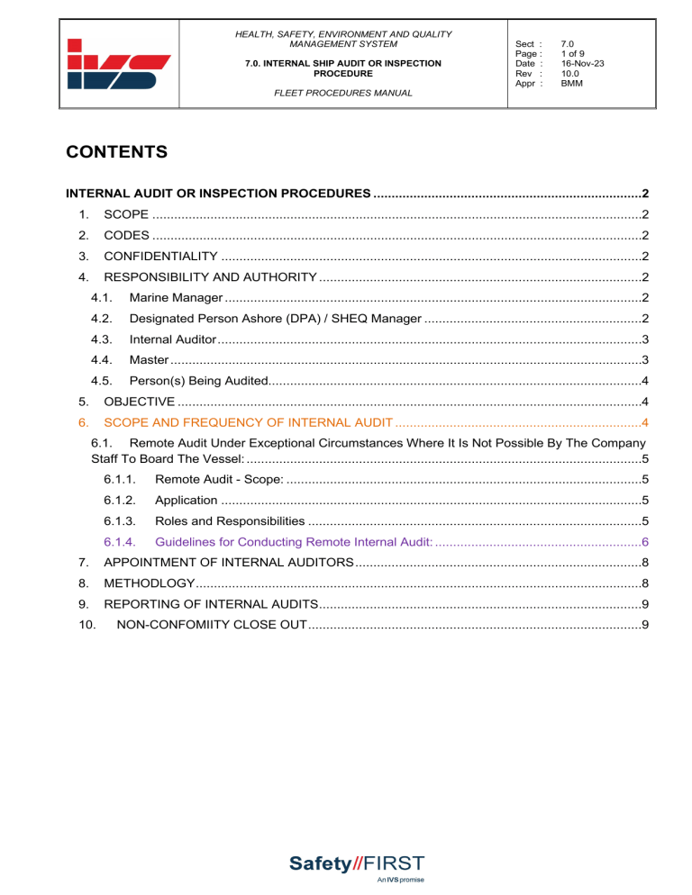 Internal Ship Audit & Inspection Procedure Manual - Fleet HSE&Q