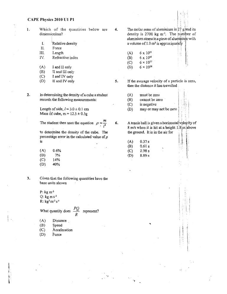 CAPE Physics 2010 Unit 1 Paper 1 Exam Questions