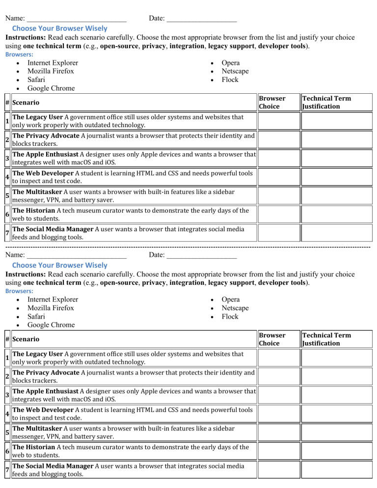 Browser Selection Worksheet: Choose Wisely
