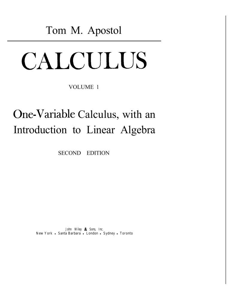 Calculus, Vol. 1: One-Variable Calculus & Linear Algebra