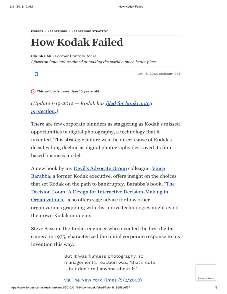 How Kodak Failed: A Case Study in Innovation and Disruption