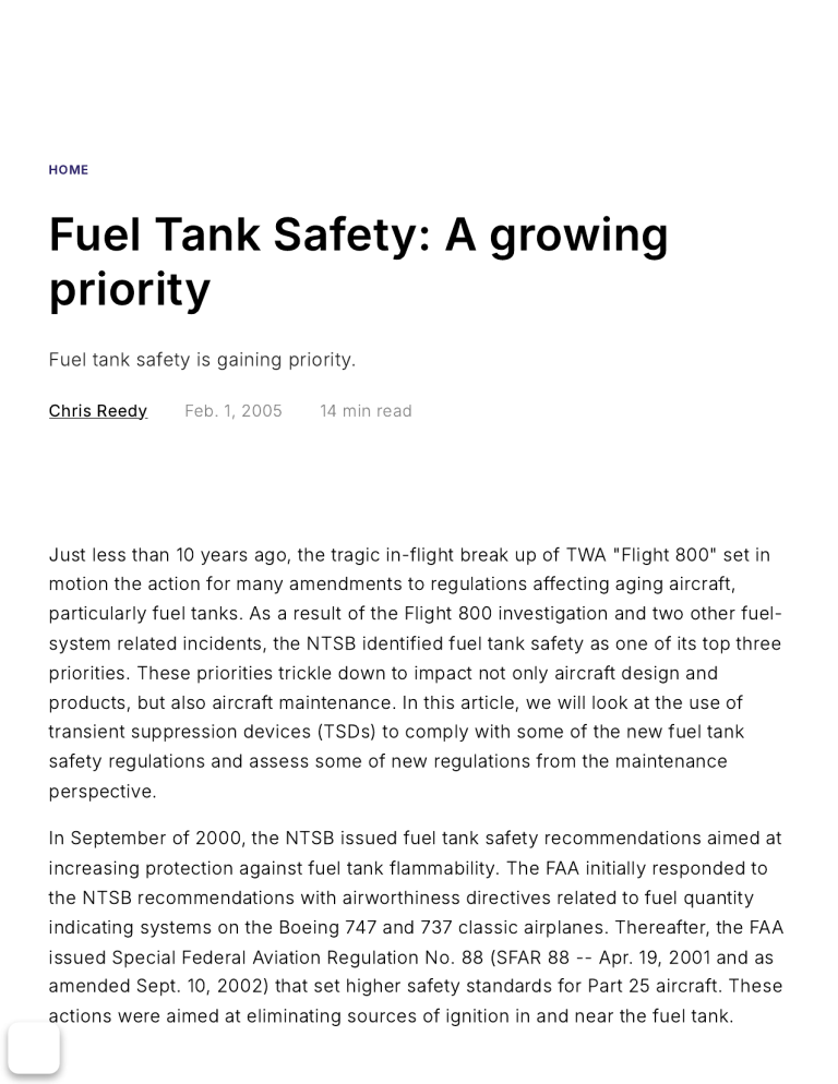 Aircraft Fuel Tank Safety: Regulations, TSDs, and Maintenance