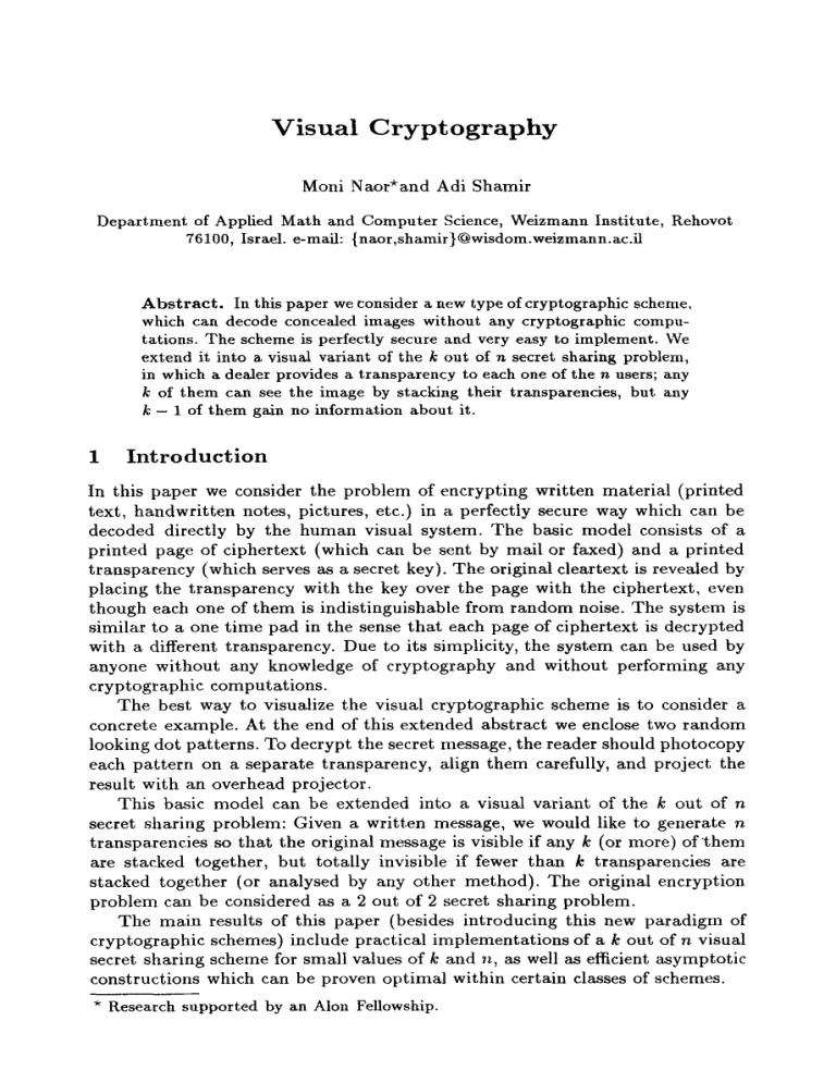 Visual Cryptography: Secret Sharing Scheme