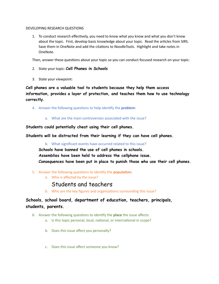 Research Questions: Cell Phones in Schools Worksheet