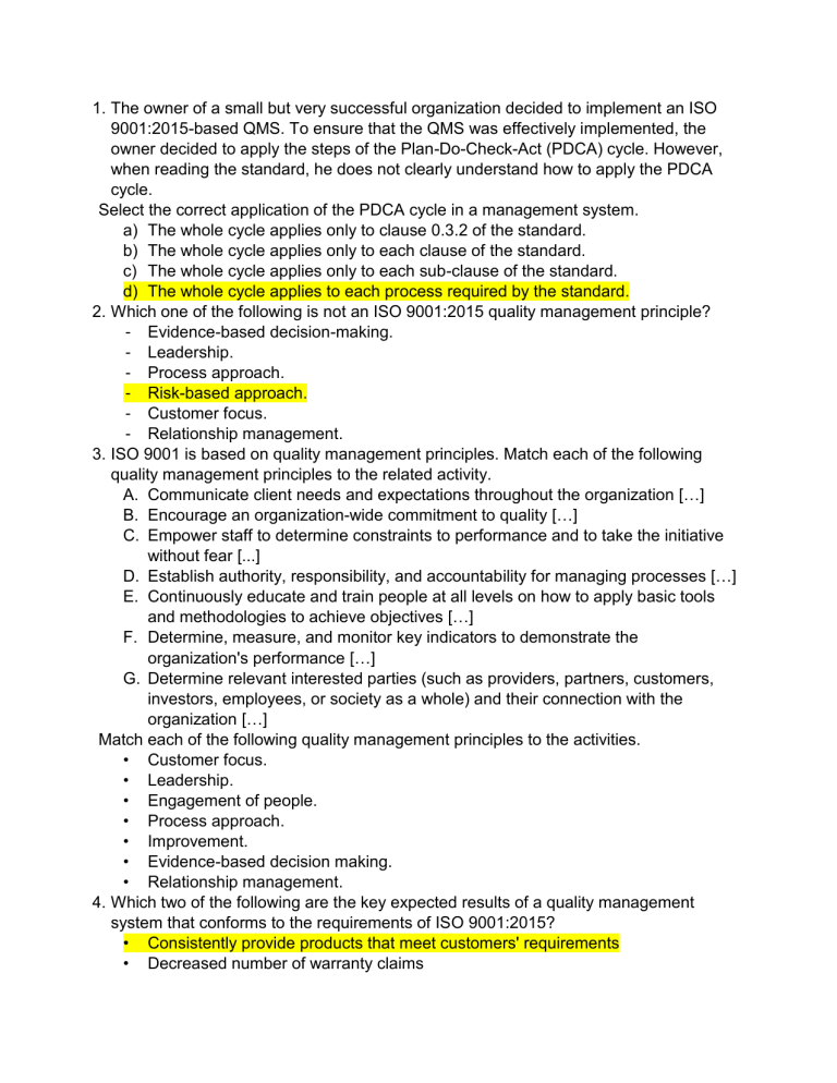 ISO 9001:2015 QMS & Auditing Practice Questions and Principles