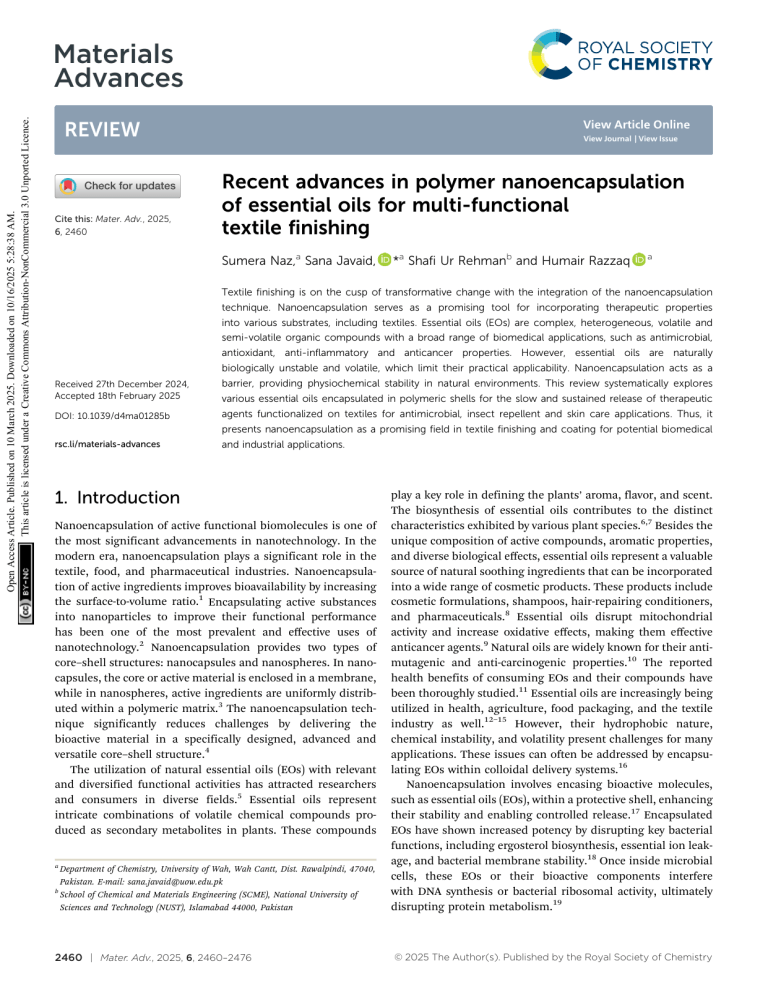 Polymer Nanoencapsulation of Essential Oils for Multi-functional ...