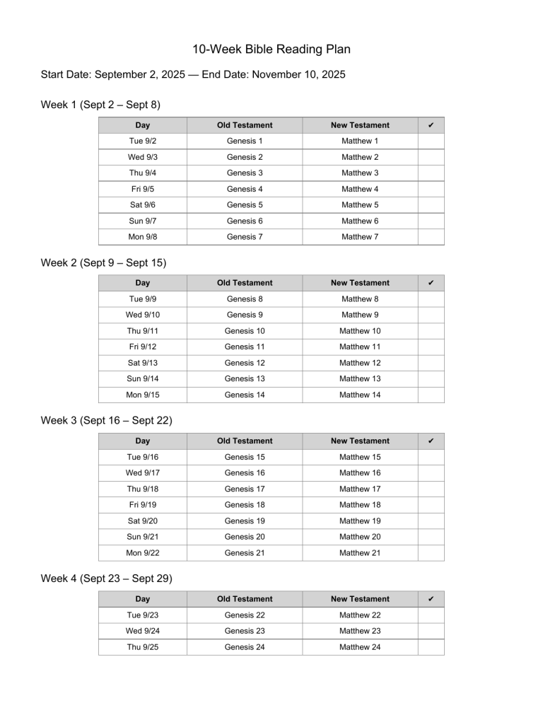 10-Week Bible Reading Plan: Genesis, Matthew, Acts, Romans (2025)