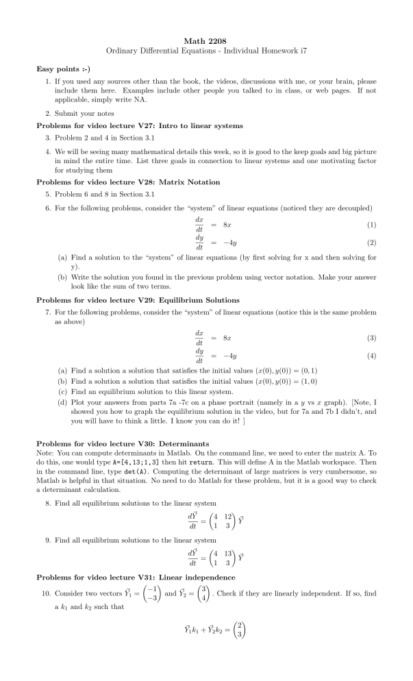 Math 2208: Ordinary Differential Equations Homework - Linear Systems