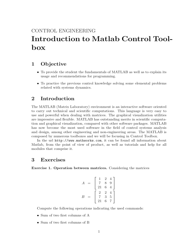 MATLAB Control Toolbox: Introduction & Control Engineering Exercises