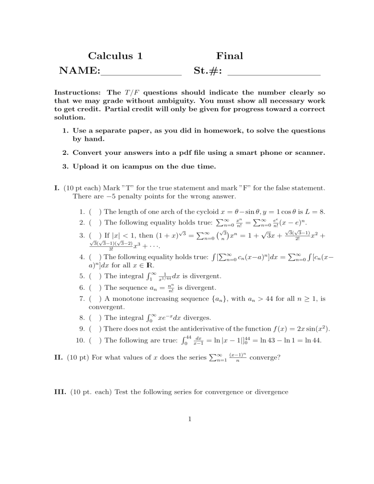 Calculus 1 Final Exam: Series, Integrals, and Cycloids
