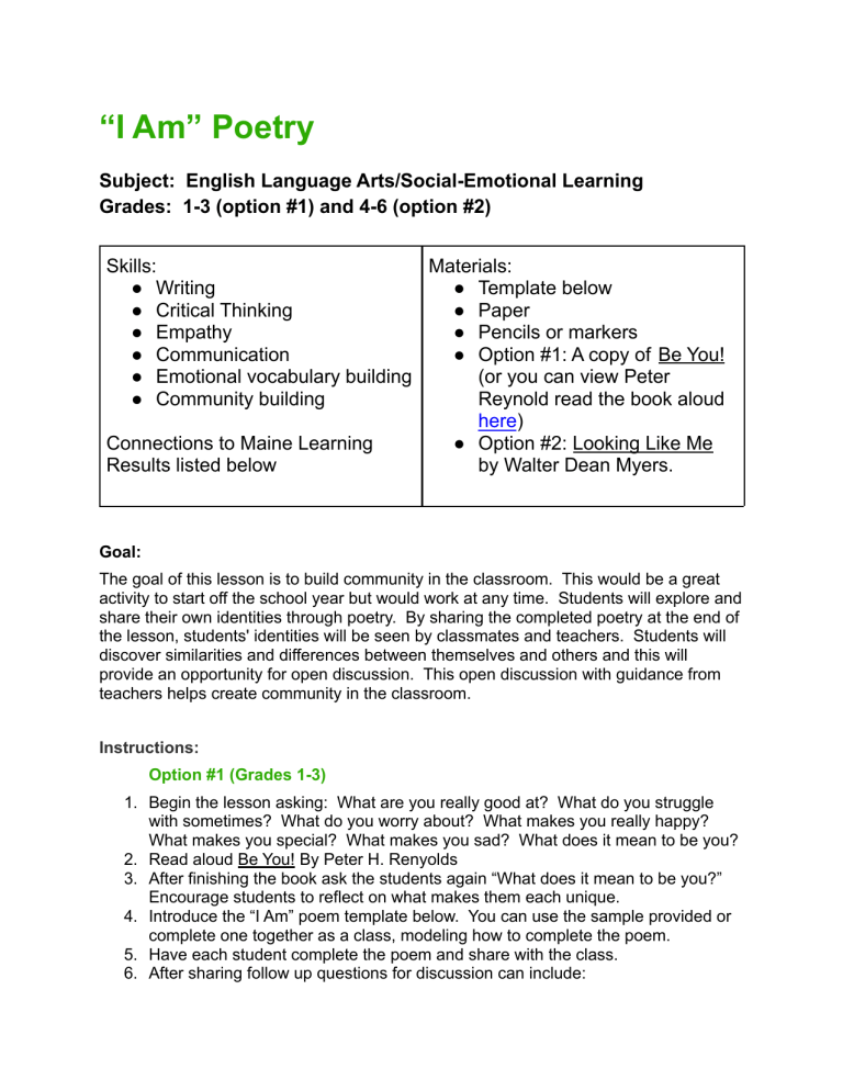 "I Am" Poetry Lesson Plan for Grades 1-6: Identity & SEL