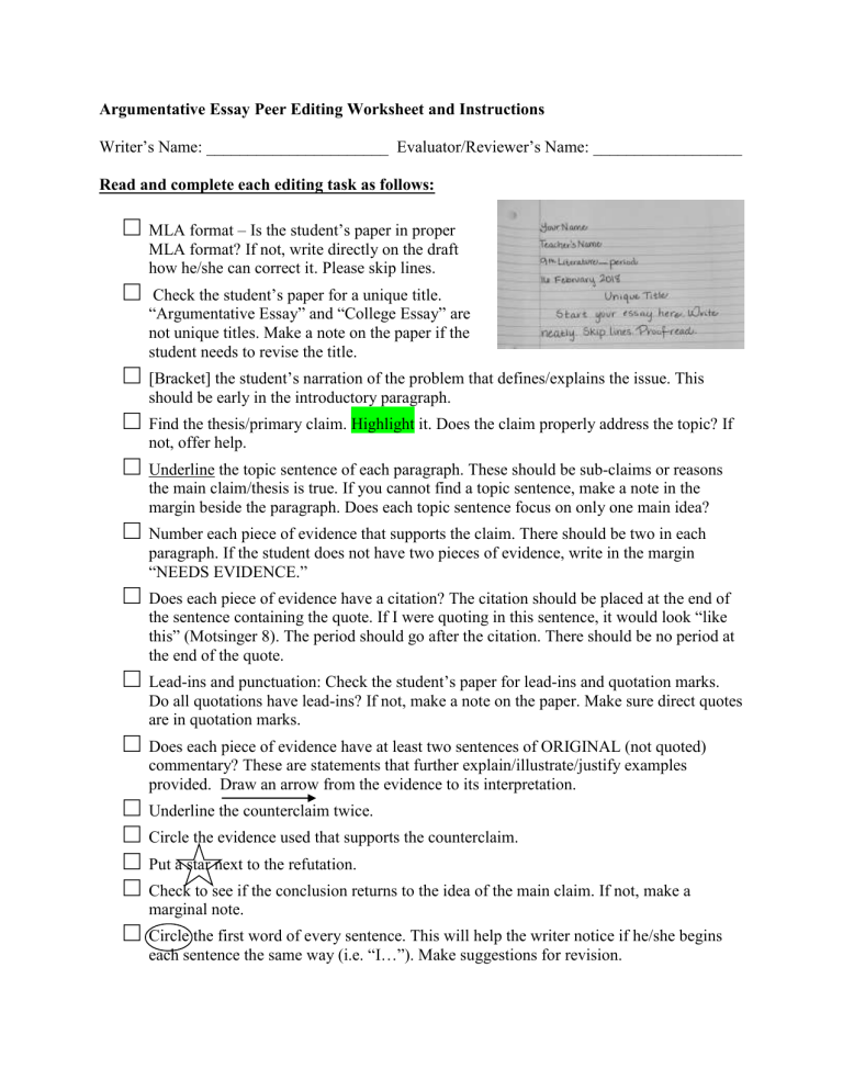 Argumentative Essay Peer Editing Worksheet & Instructions