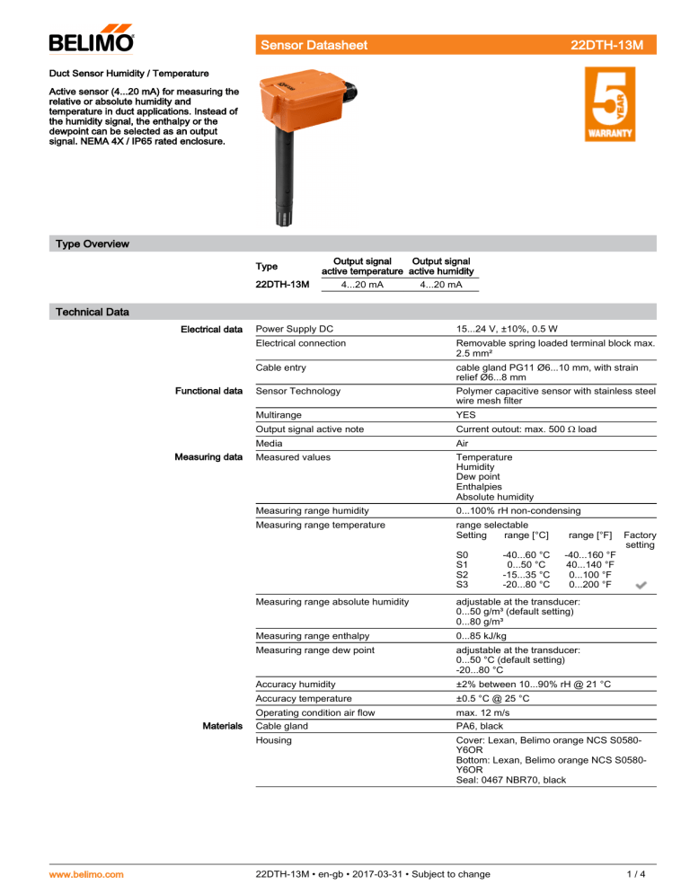 22DTH-13M Duct Sensor Datasheet: Humidity & Temperature