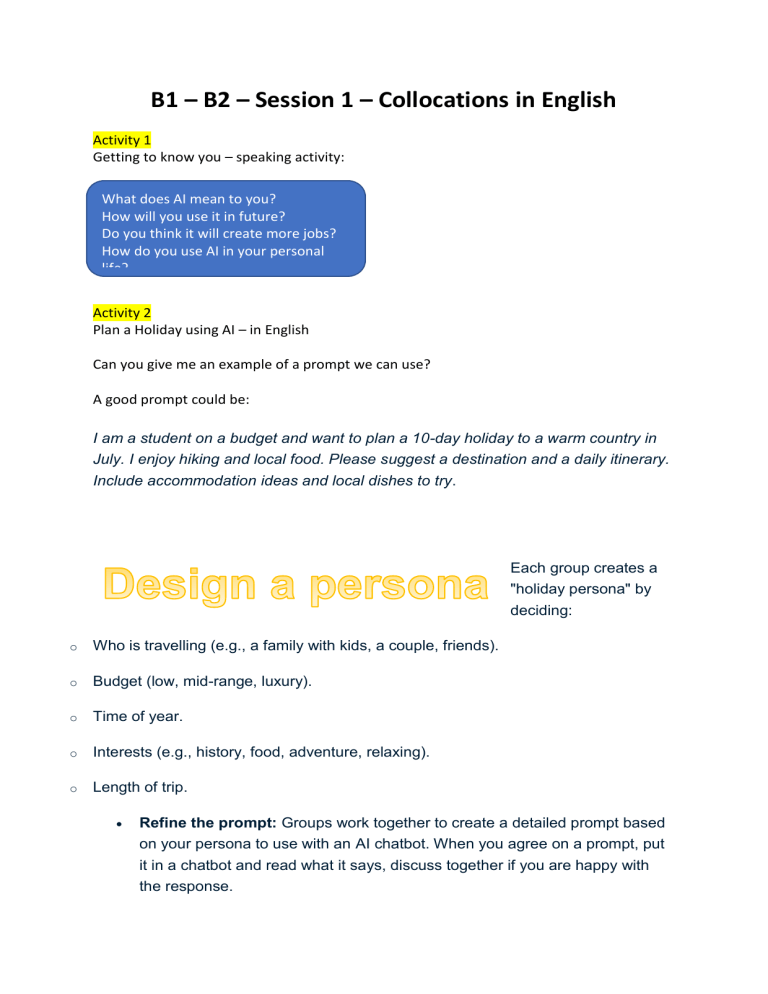 English Collocations Lesson Plan (B1-B2) with AI Integration