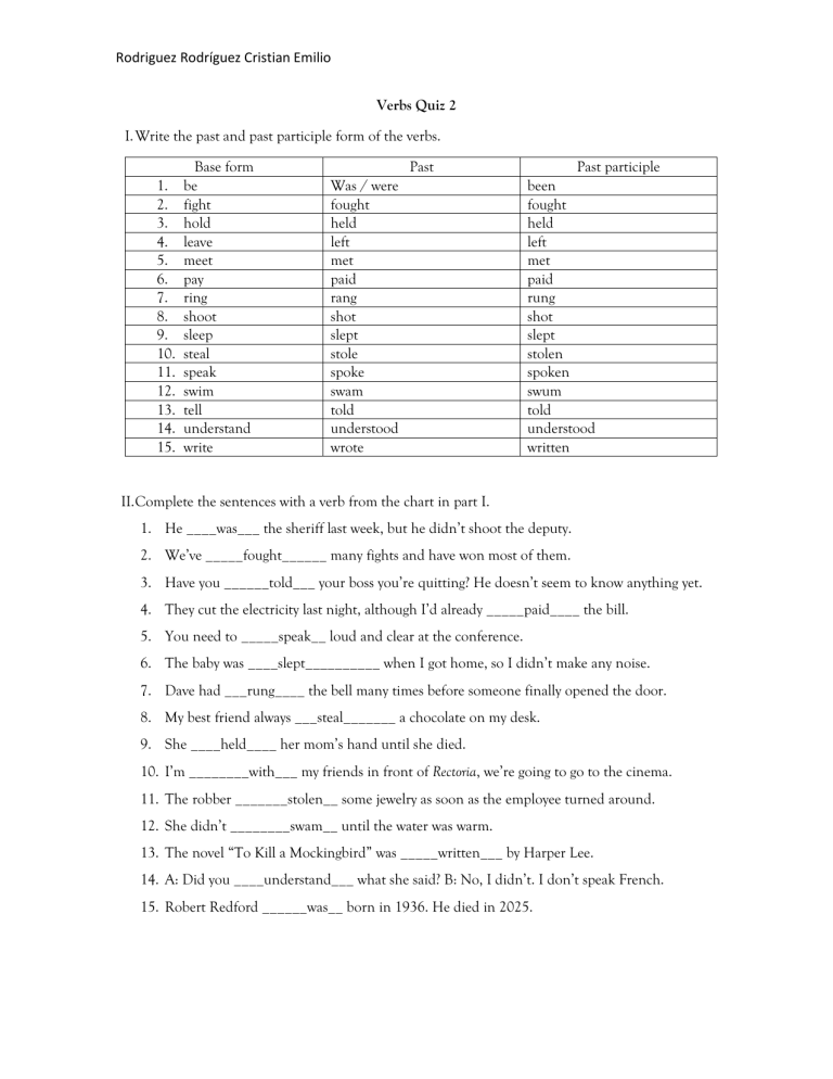 Verbs Quiz: Past and Past Participle Practice
