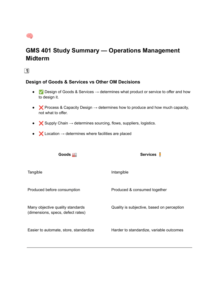 GMS 401 Operations Management Midterm Study Summary & Practice