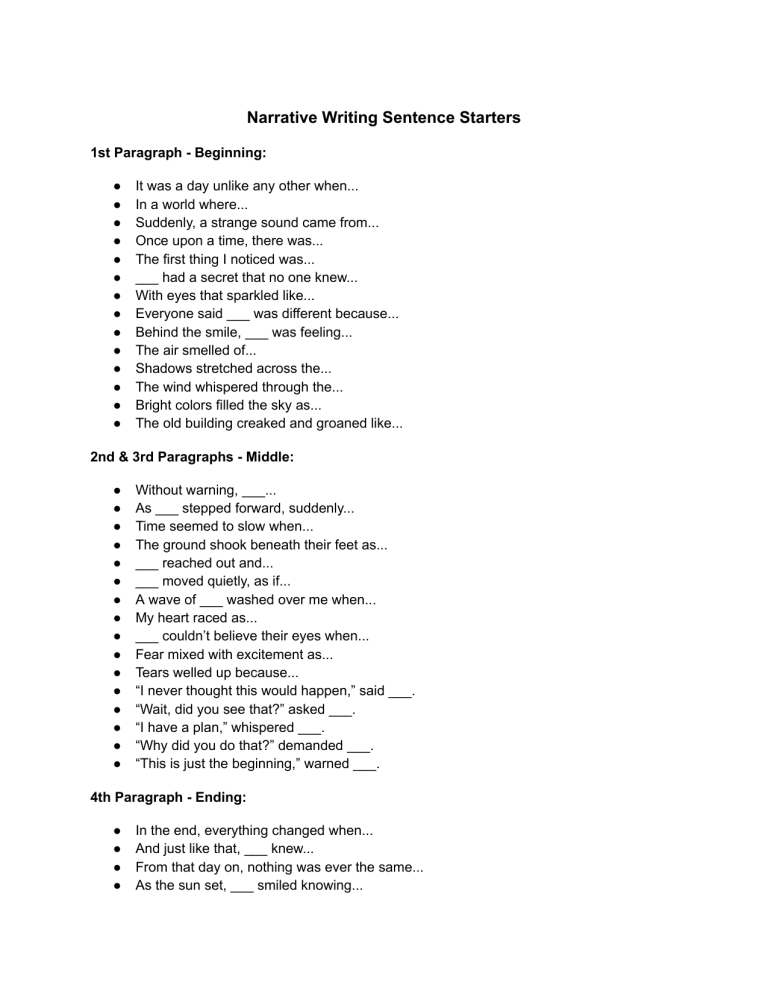 Narrative Writing Sentence Starters Worksheet