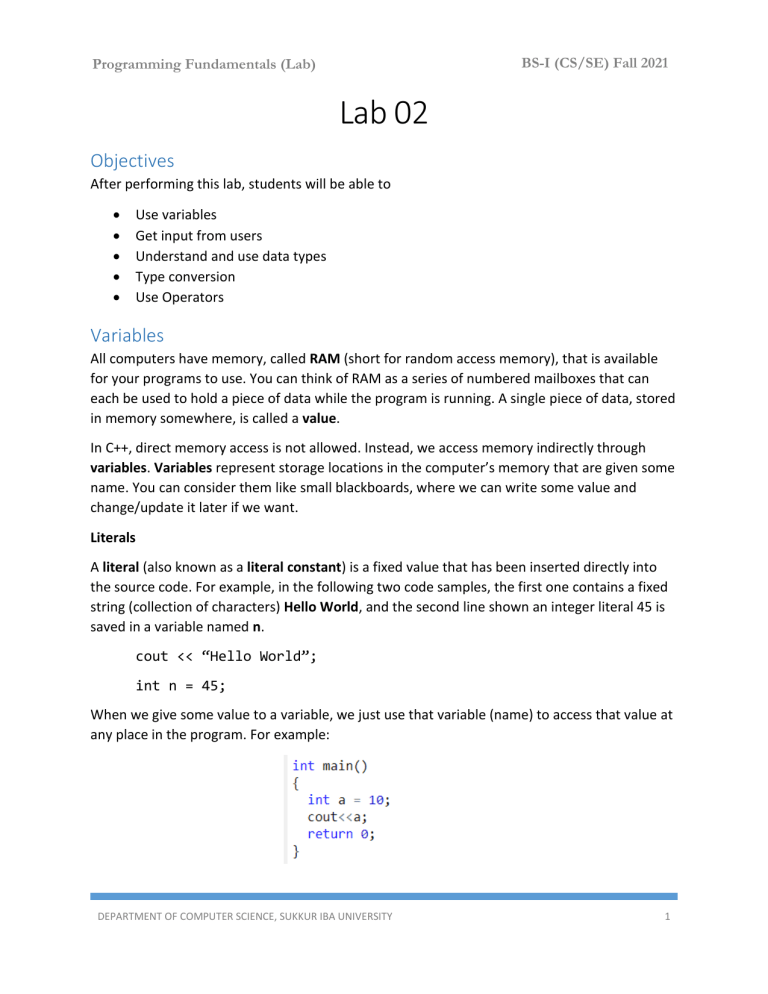 Programming Fundamentals Lab 02: Variables, Data Types & Input in C++