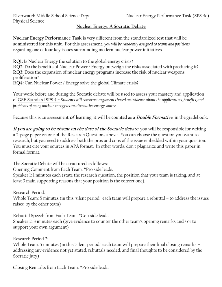 Riverwatch MS Nuclear Energy Socratic Debate Performance Task