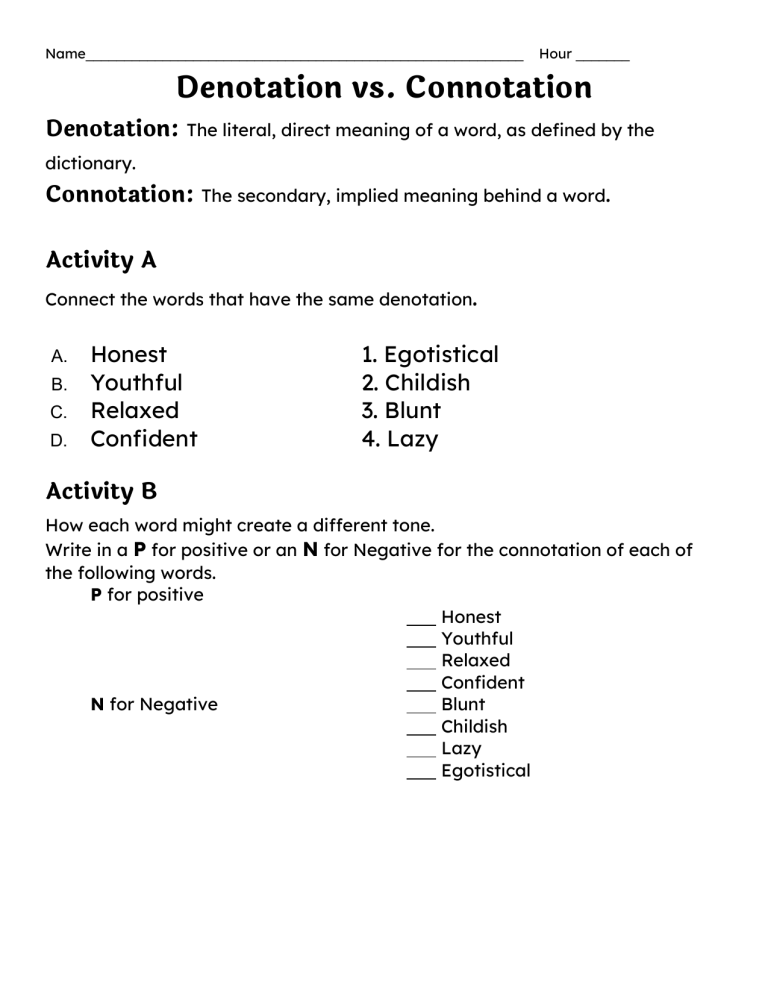 Denotation vs. Connotation Worksheet
