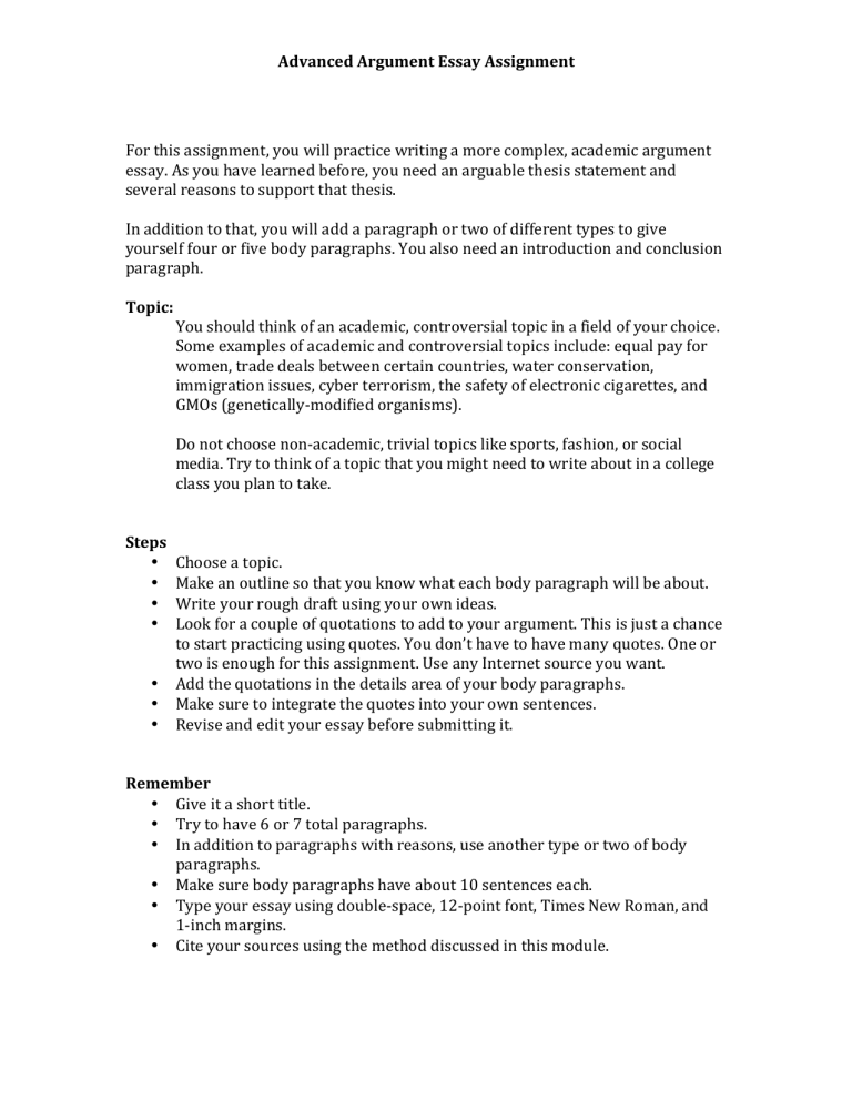 Advanced Argument Essay Assignment: College Writing Prompt & Guidelines