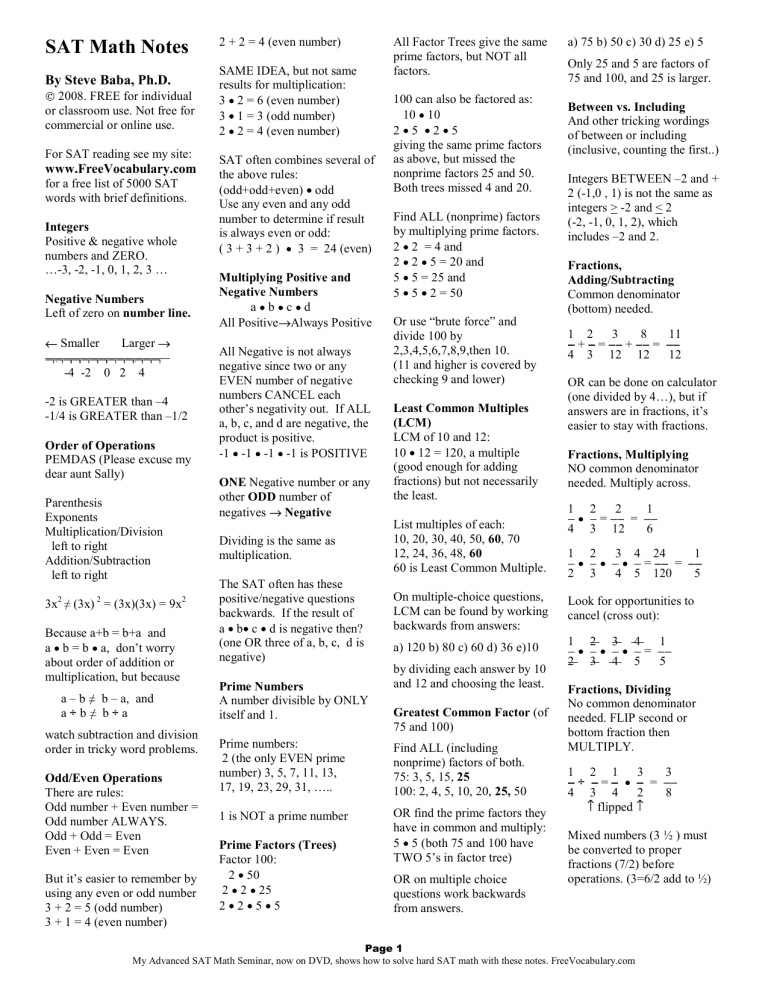 SAT Math Study Guide: Integers, Fractions, Ratios & More