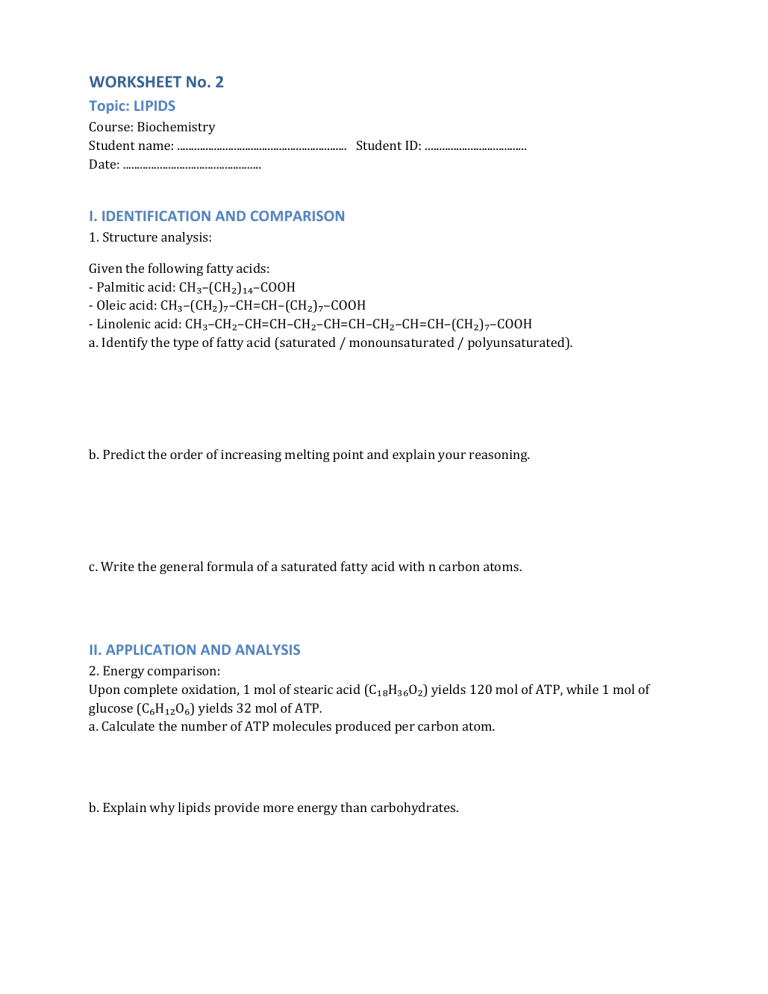 Lipids Worksheet: Biochemistry Problems & Analysis