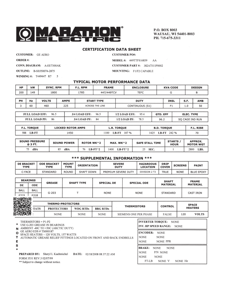 Marathon Electric Motor Certification Data Sheet - 200 HP, 460V