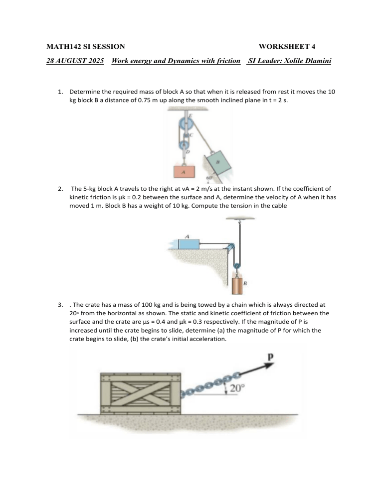 MATH142 Physics Worksheet 4: Work, Energy, Dynamics & Friction Problems