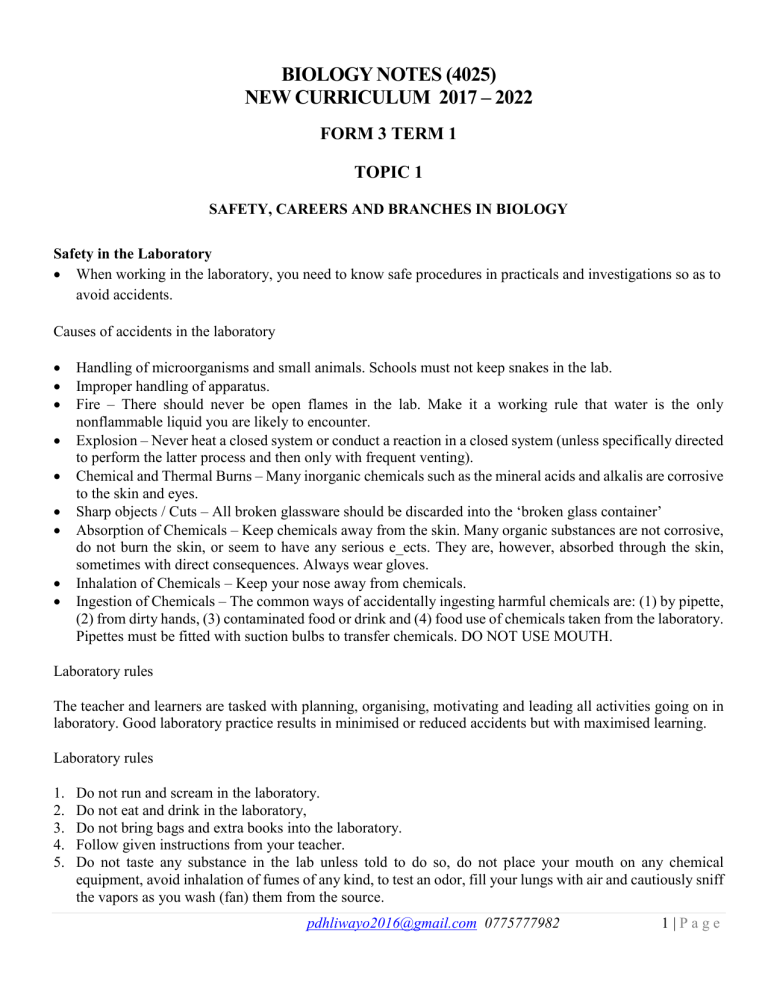 Biology Notes: Lab Safety, Branches & Careers (Form 3, 2017-2022)