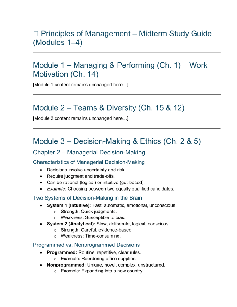 Principles of Management Midterm Study Guide: Decision-Making & Ethics