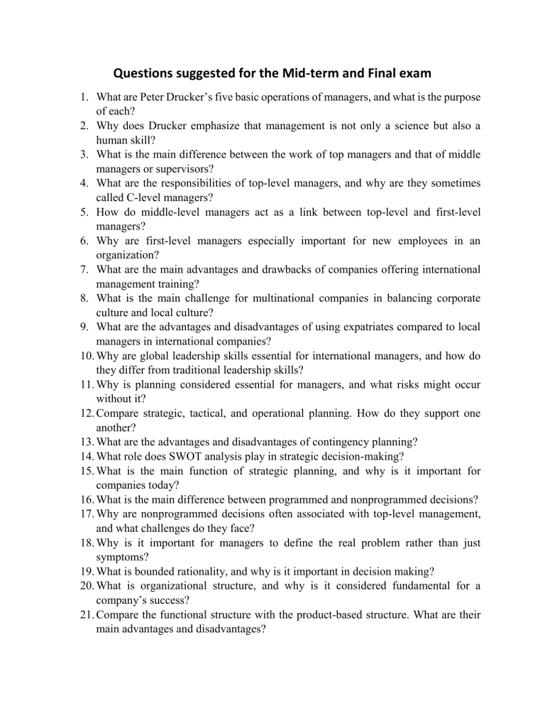 Mid-term & Final Exam Questions: Management & Business Ethics