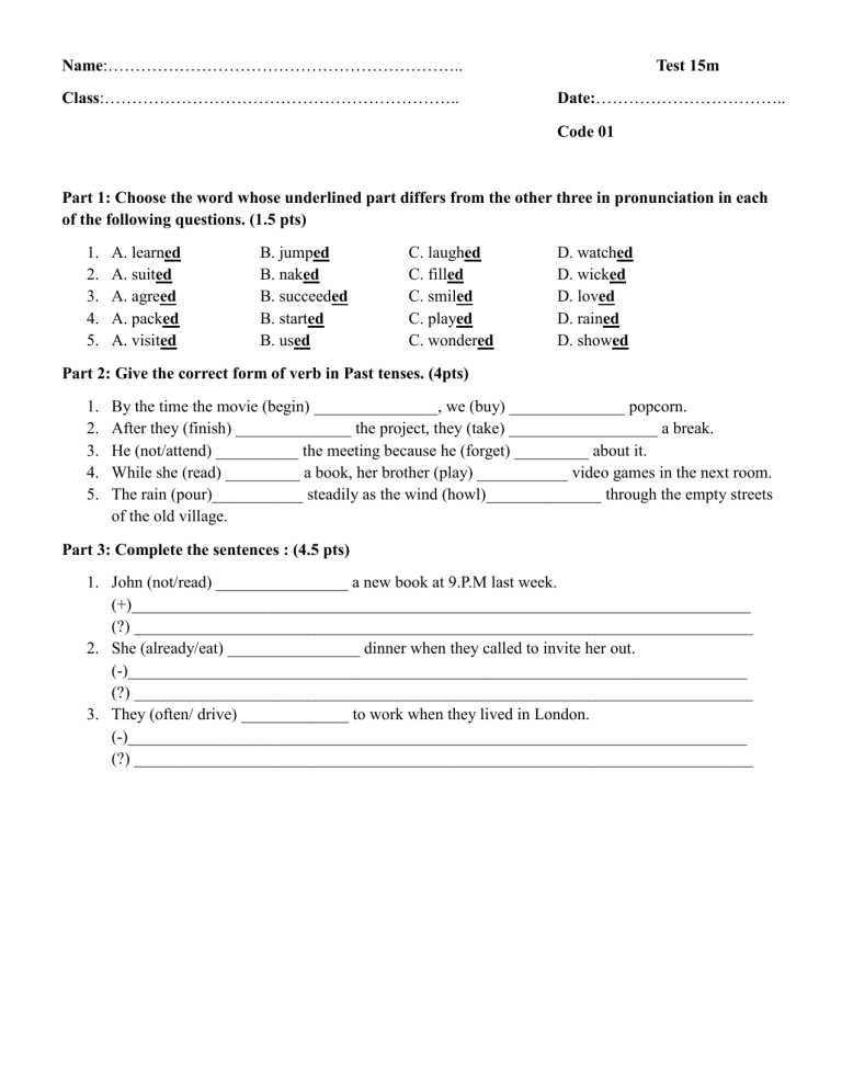 English Grammar Test: Past Tenses & Pronunciation (-ed) - Code 01