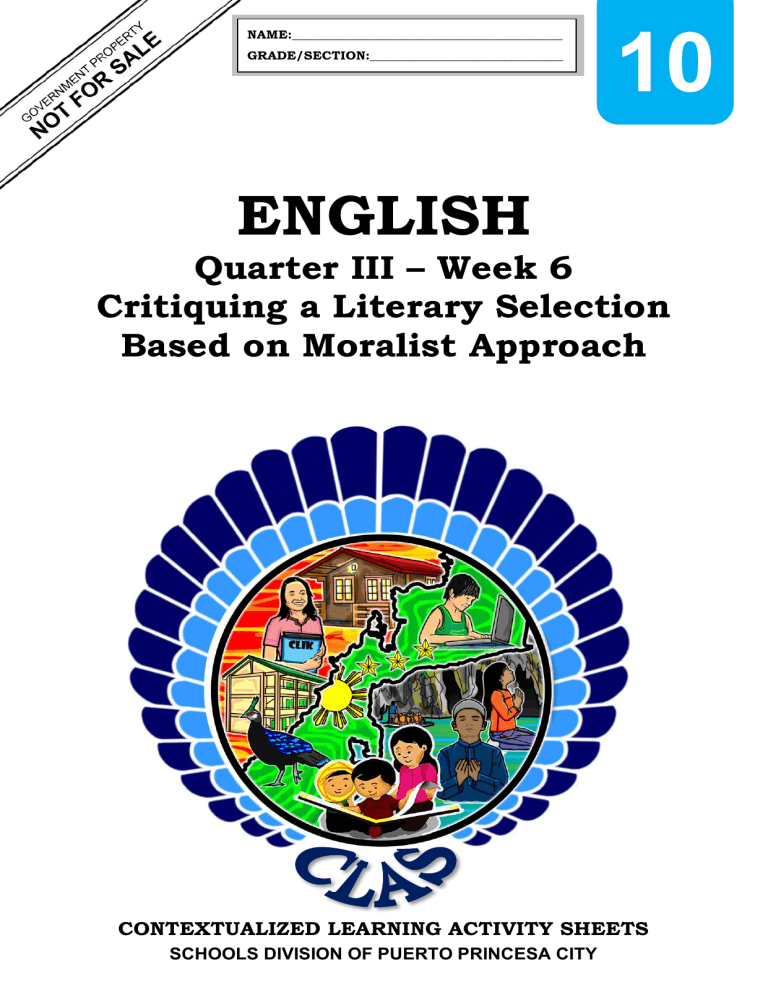 English 10: Moralist Literary Criticism Activity Sheet