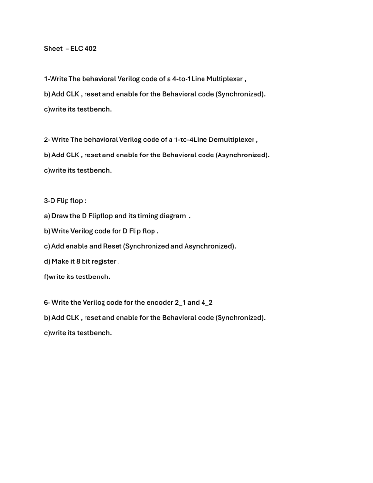 Verilog Coding Exercises: Multiplexers, Flip-Flops, ALU
