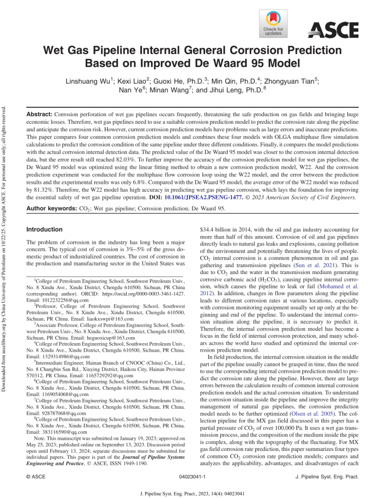 Wet Gas Pipeline Corrosion Prediction: Improved De Waard 95 Model