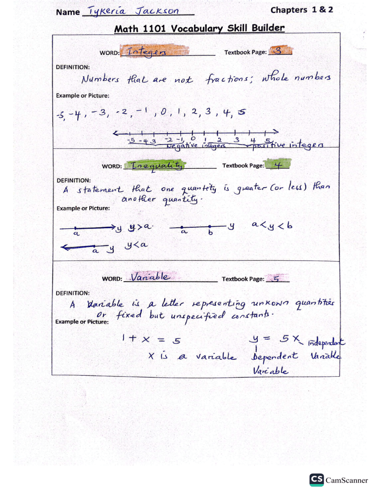Math 1101 Vocabulary Skill Builder: Integers, Inequality, Variables