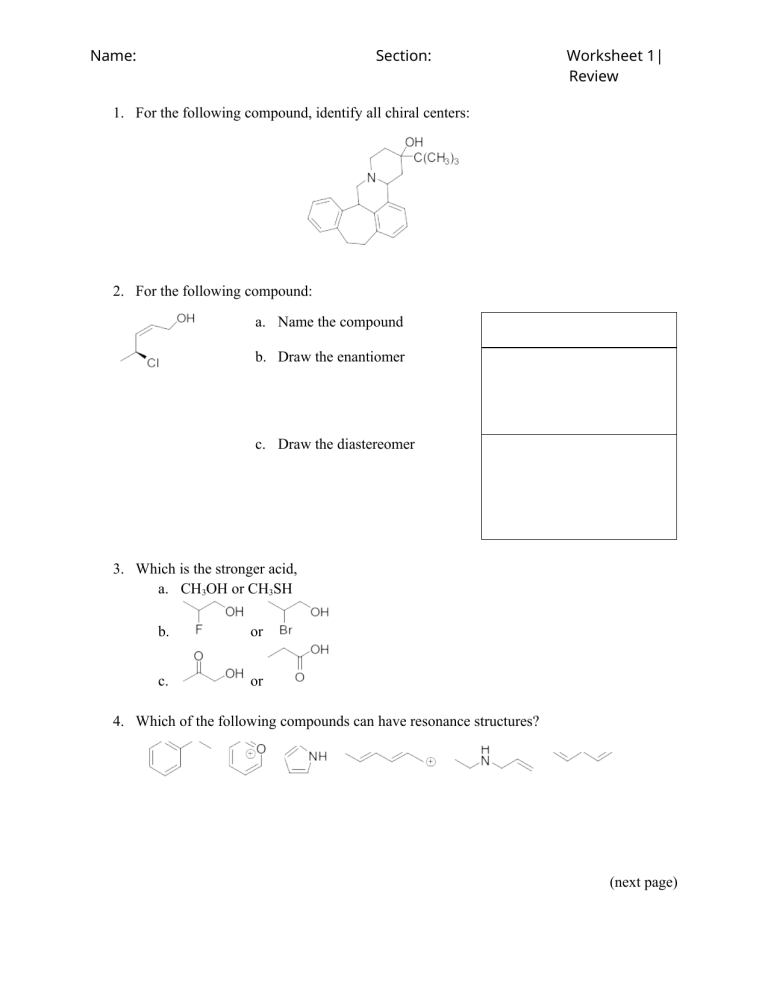 Organic Chemistry Review Worksheet