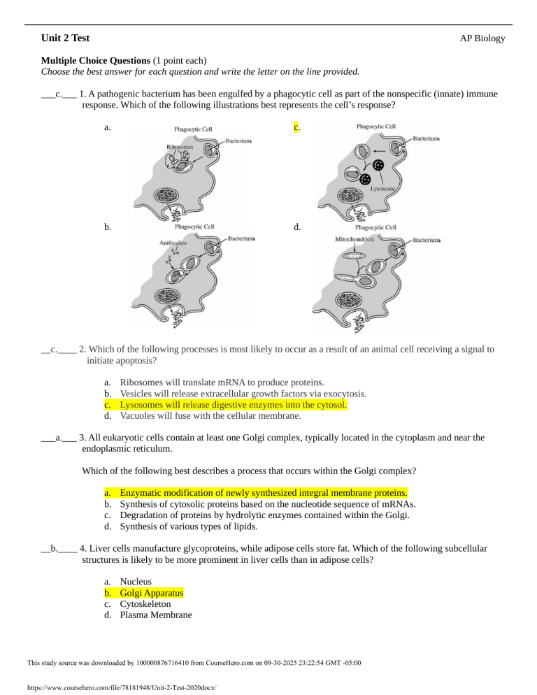 AP Biology Unit 2 Test: Cell Structure, Function & Immunity Questions