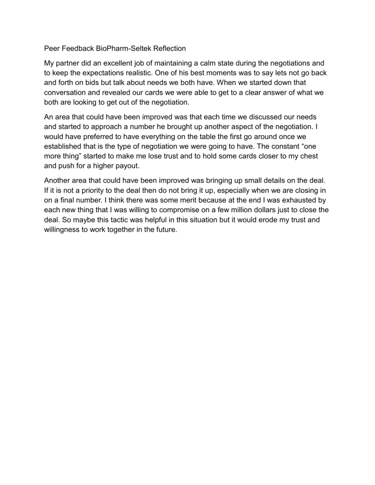 Negotiation Peer Feedback: BioPharm-Seltek Reflection Analysis
