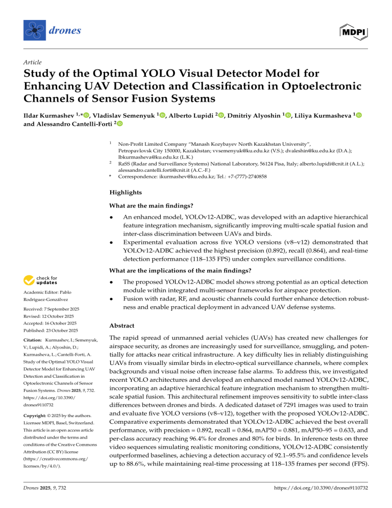 YOLOv12-ADBC for UAV Detection & Classification in Sensor Fusion Systems