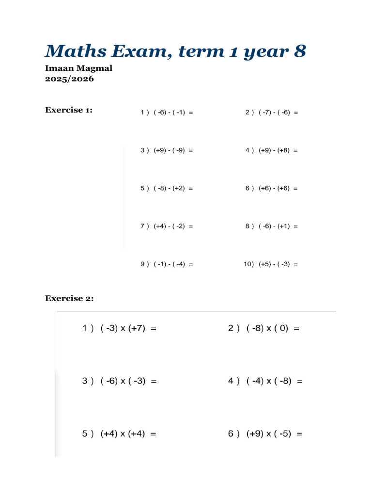 Year 8 Maths Exam: Algebra, Equations, and Mental Math