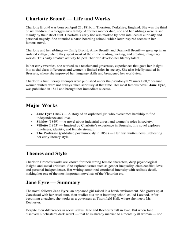 Charlotte Brontë: Life, Works, and Jane Eyre Summary
