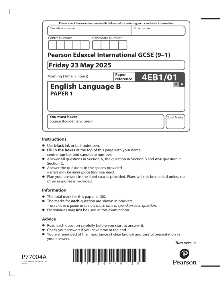 English Language B Exam Paper - Edexcel GCSE (9-1)