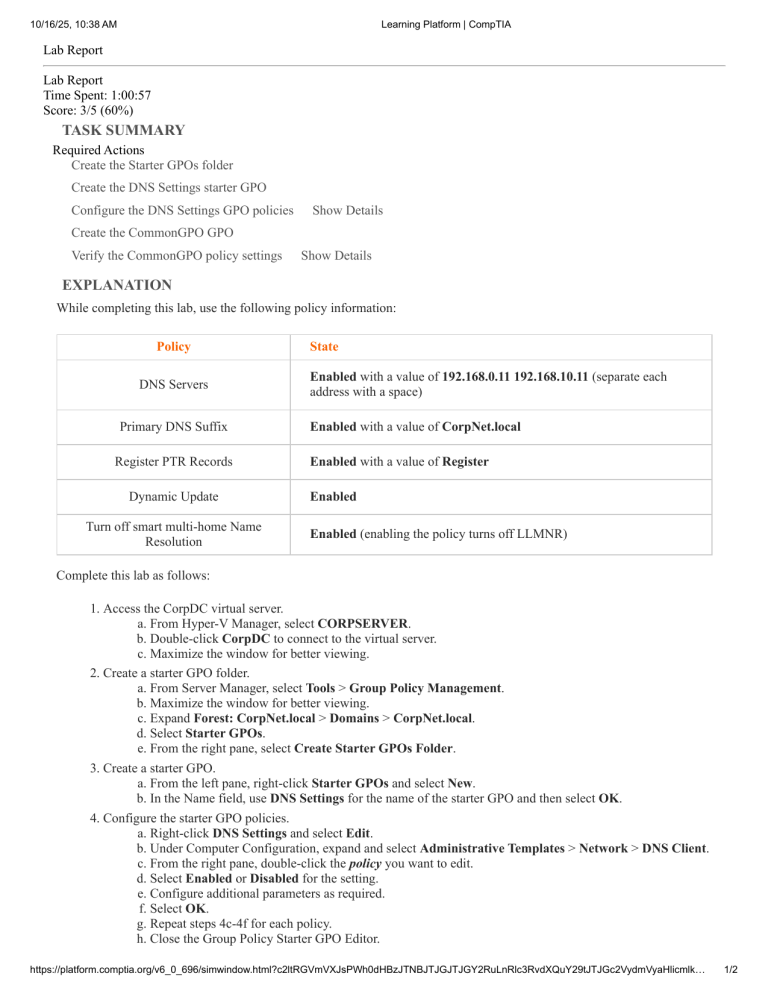CompTIA Lab: DNS Settings GPO Configuration & Verification