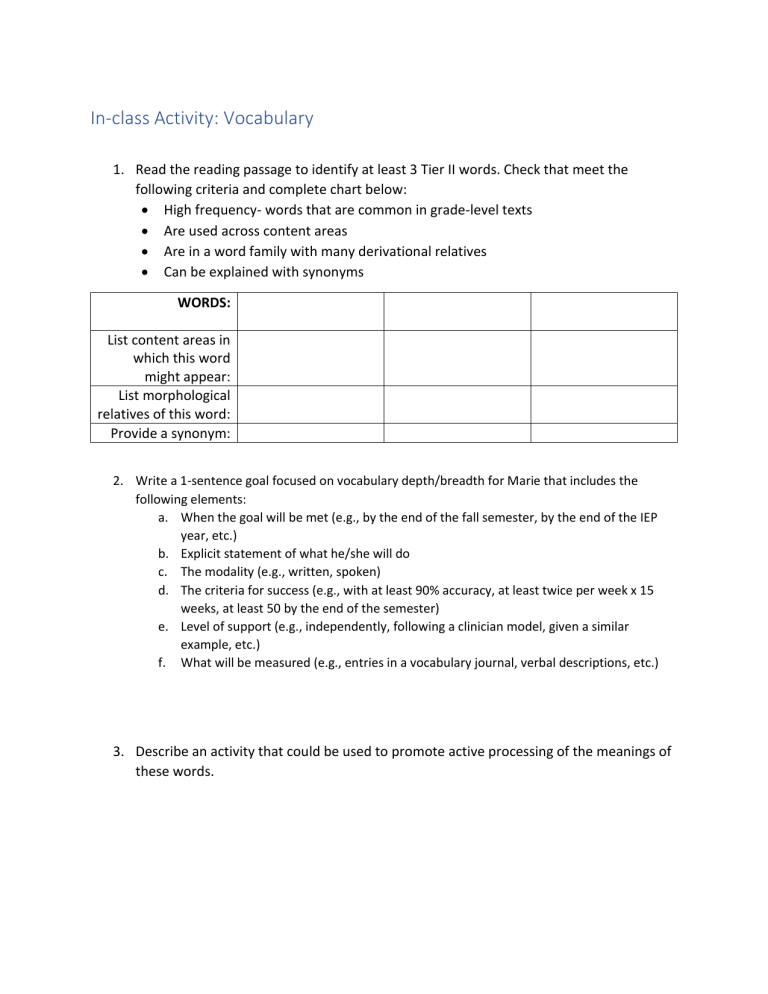 Vocabulary In-class Activity: Tier II Words & Goal Setting