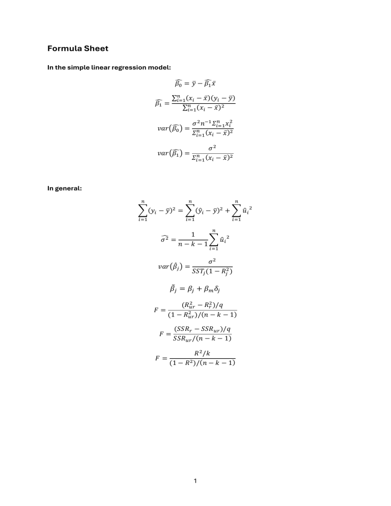 Simple Linear Regression & F-Test Formulas | Statistics Sheet