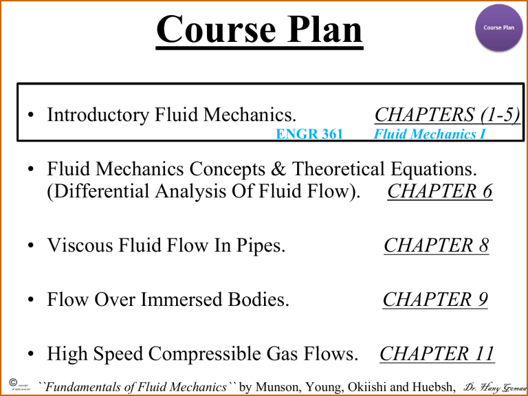 Fluid Mechanics Course Plan - ENGR 361 (Munson Textbook Chapters)