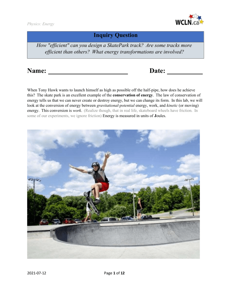 Physics Energy Skate Park Lab: Conservation & Transformations